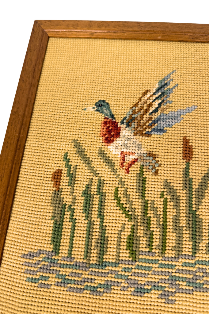 Vintage Framed Needlepoint Mallard Duck Wall Art - Heirloomed
